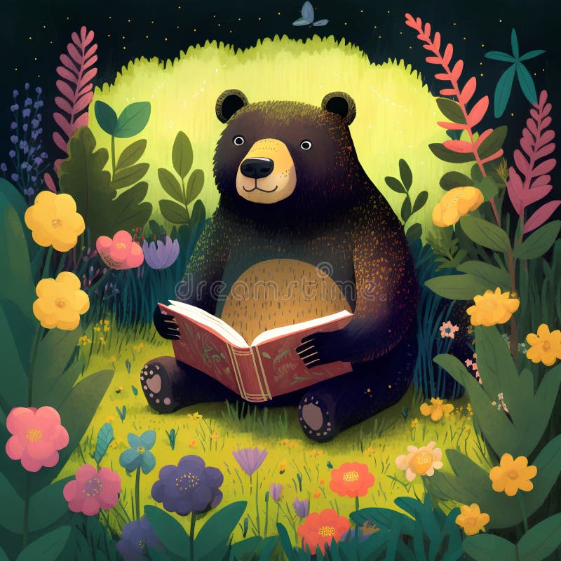Illustration of a Cute Little Bear Reading a Book in the Forest Stock ...