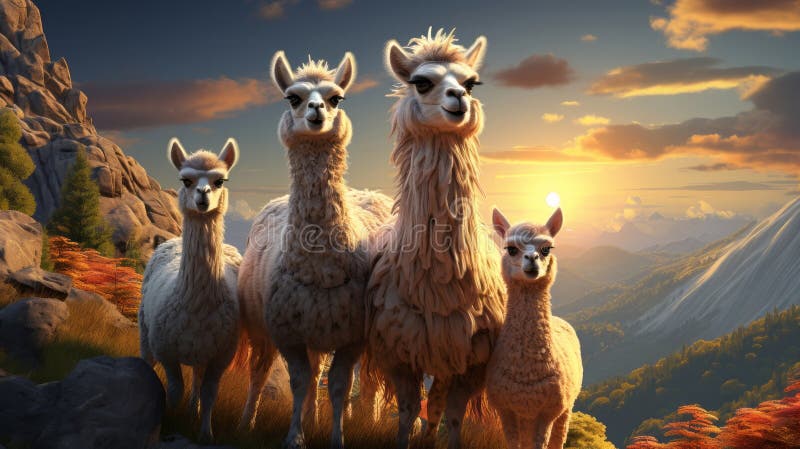 Illustration of Cute Llama Family in Forest. Generative AI. Stock ...
