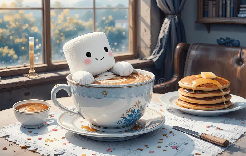 An Illustration of a Cute Marshmallow Figure Relaxing in a Coffee Cup ...