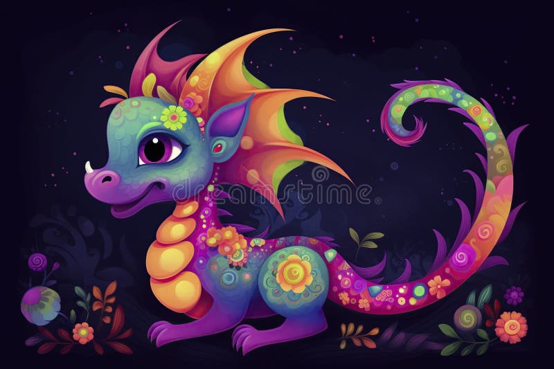 Illustration, Cute Multicolor Dragon, Generative Ai Stock Illustration ...