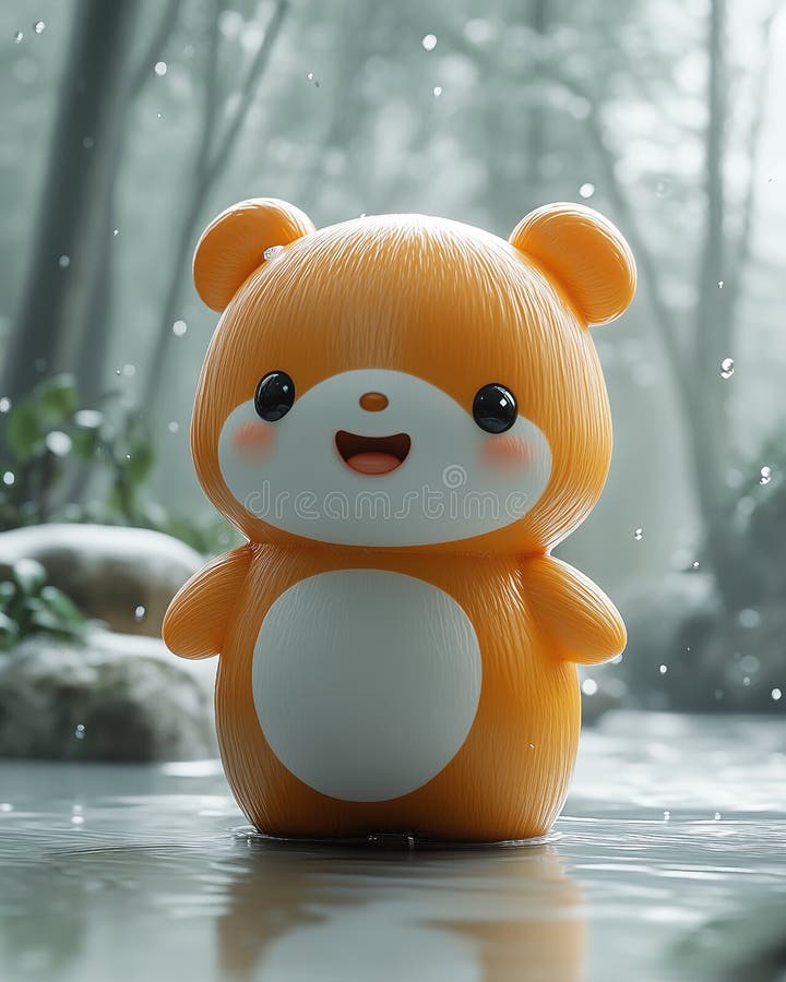 Adorable Orange Bear Figurine in a Rainy Forest Setting Stock Illustration - Illustration of ...