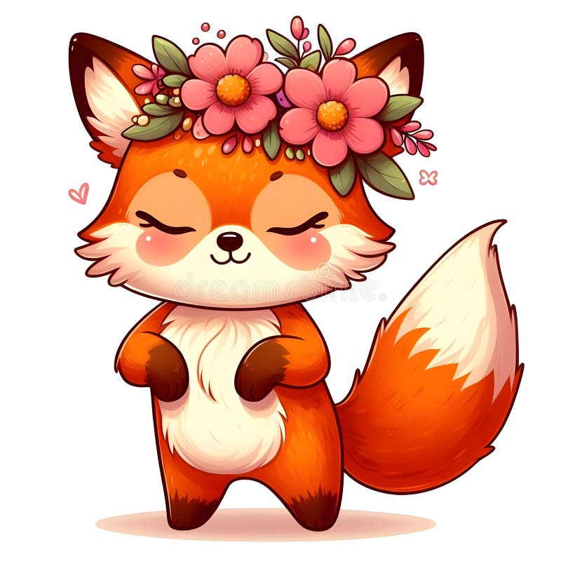 Illustration of a Cute Orange Fox with Flowers on His Head. Standing ...