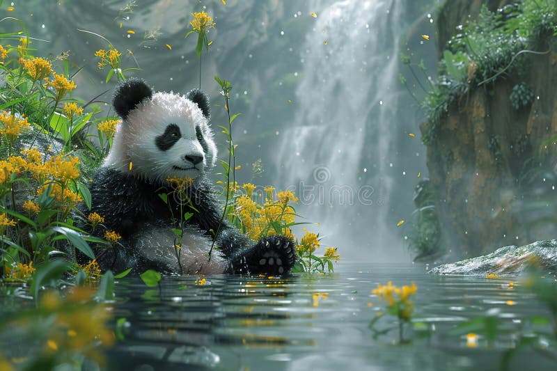 A Cute Panda Sits in the Water, Surrounded, High Quality, High ...