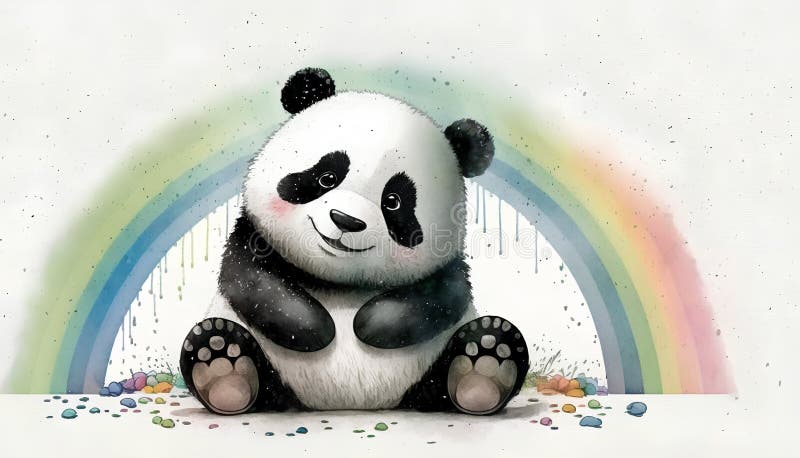 Illustration of a Cute Panda Sitting in Front of a Rainbow Stock Image ...