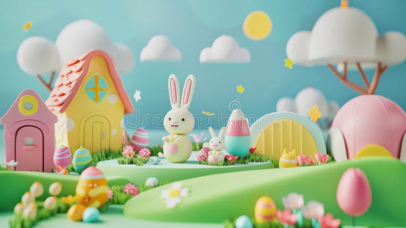 Illustration of a Cute Pastel Colored Easter Land with Easter Bunny and ...