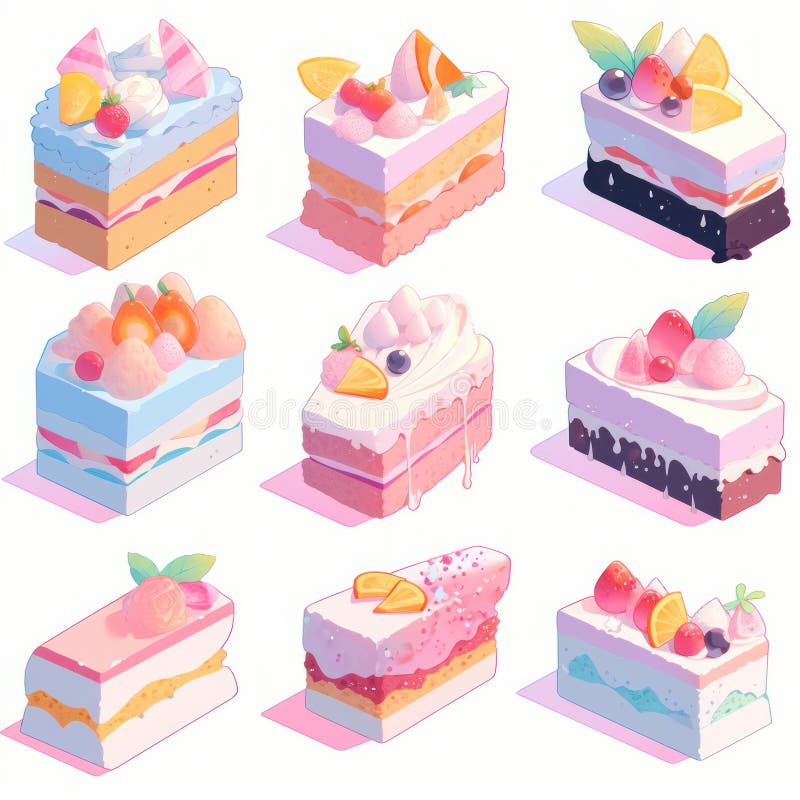Illustration Cute Piece of Cake Set and Dessert Pastel Color Created ...