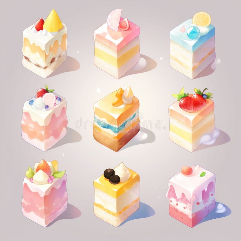 Illustration Cute Piece of Cake Set and Dessert Pastel Color Created ...