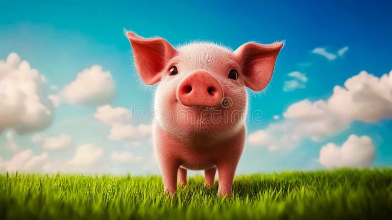Illustration of a Cute Pig Standing on a Meadow with Clouds in the ...