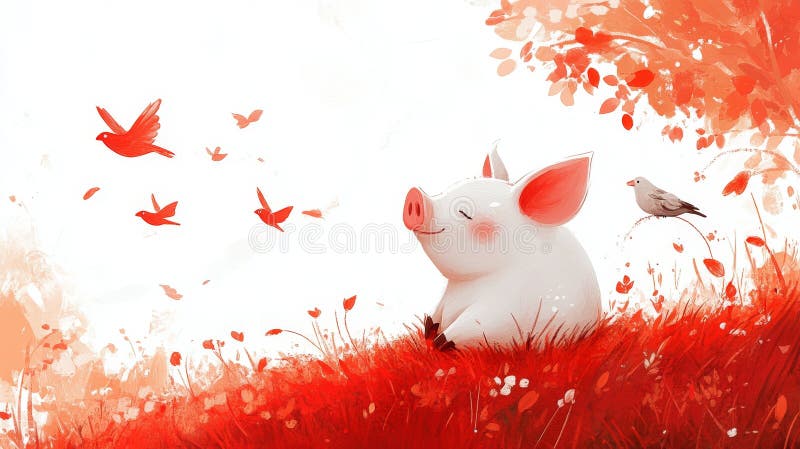 An Illustration of a Cute Piglet in Red Grass with Falling Leaves Stock ...