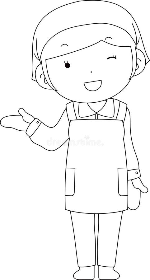 Cute Pose of Female Store Clerk Outline Stock Vector - Illustration of ...