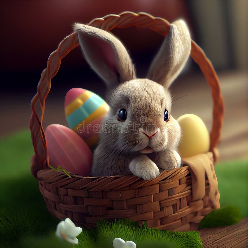 Cute Rabbit As Easter Bunny Sitting with Easter Eggs and Flowers ...
