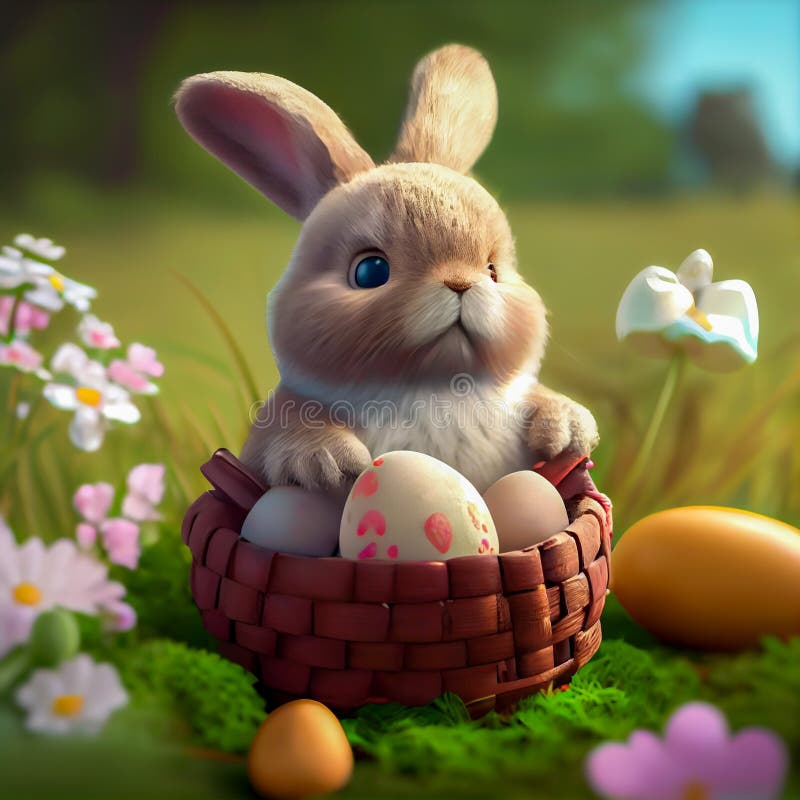Cute Rabbit As Easter Bunny Sitting with Easter Eggs and Flowers ...