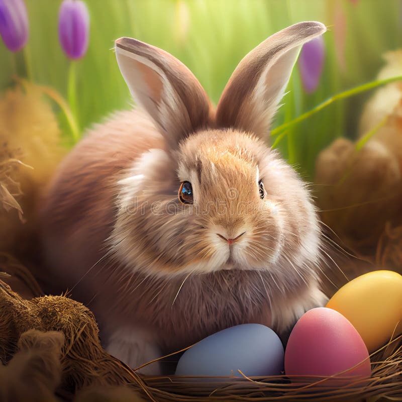 Cute Rabbit As Easter Bunny Sitting with Easter Eggs and Flowers ...