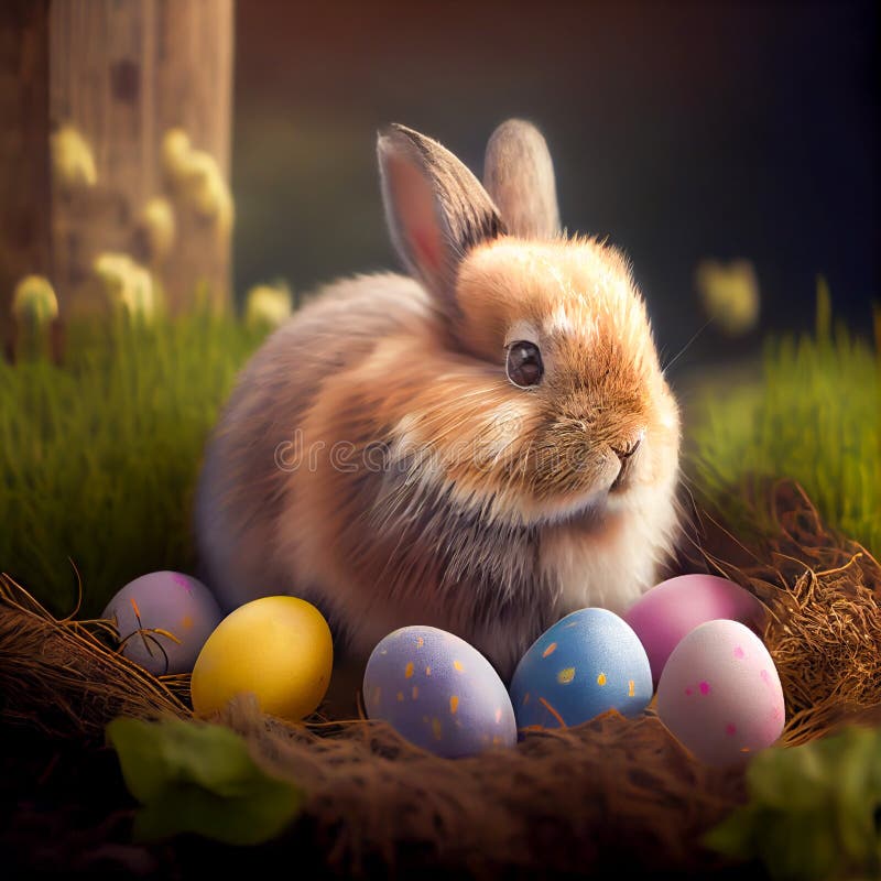 Cute Rabbit As Easter Bunny Sitting with Easter Eggs and Flowers ...