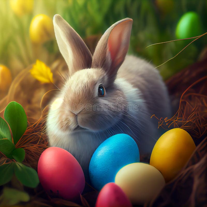 Cute Rabbit As Easter Bunny Sitting with Easter Eggs and Flowers ...