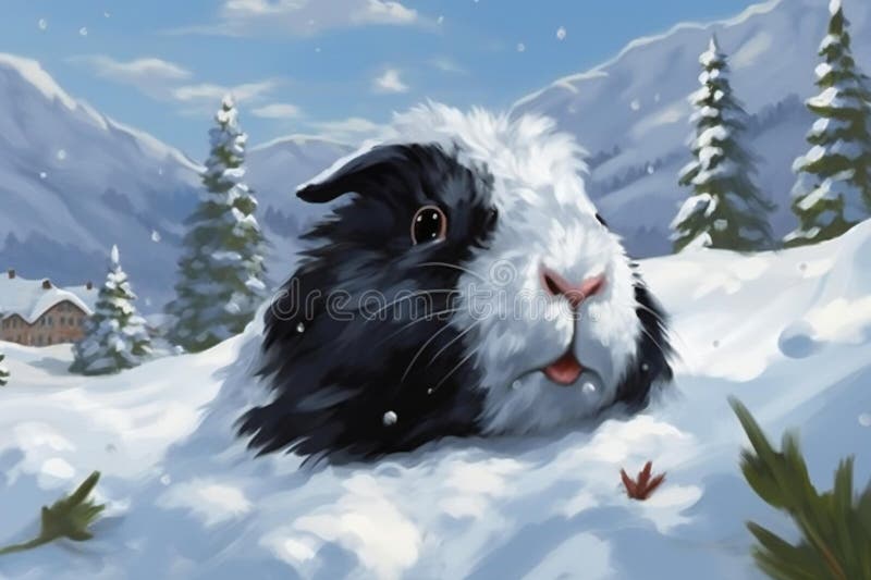 Illustration of a Cute Rabbit in the Snow with Mountains in the ...