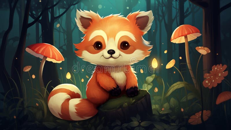 An Illustration of a Cute Red Panda Sitting on a Log in the Woods AI ...
