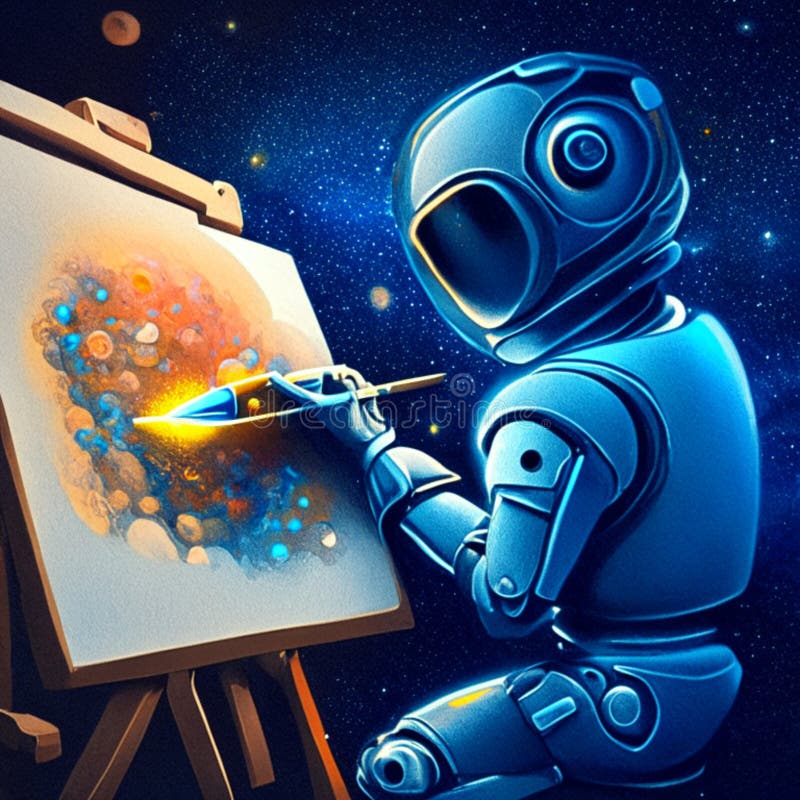 Illustration of a Cute Robot Drawing on an Easel in Outer Space AI ...