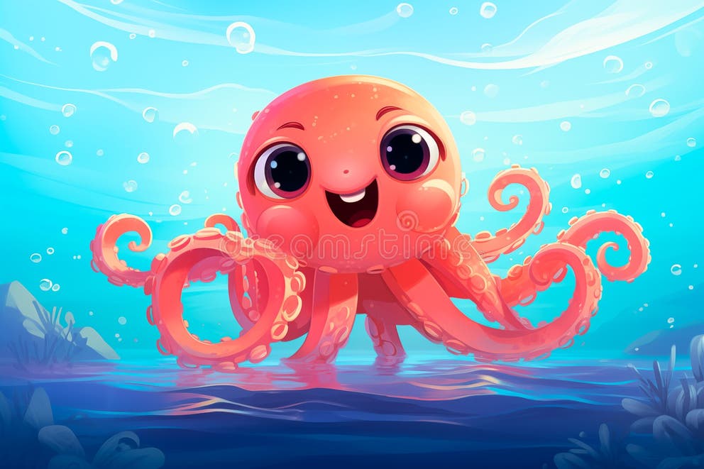 Illustration of a Cute Smiling Octopus in the Water Stock Illustration ...