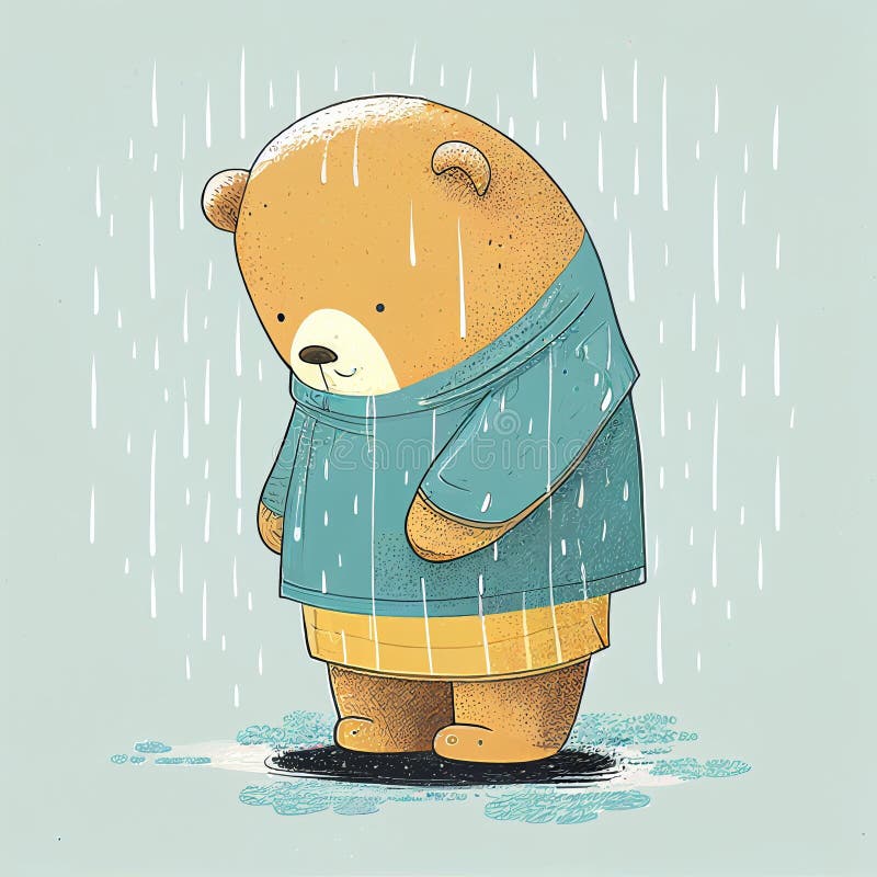 Illustration Cute Teddy Bear Standing Alone on Rainy Day Created with ...