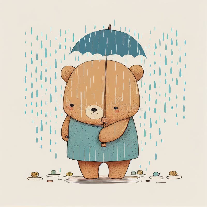 Illustration Cute Teddy Bear Standing Alone on Rainy Day Created with ...