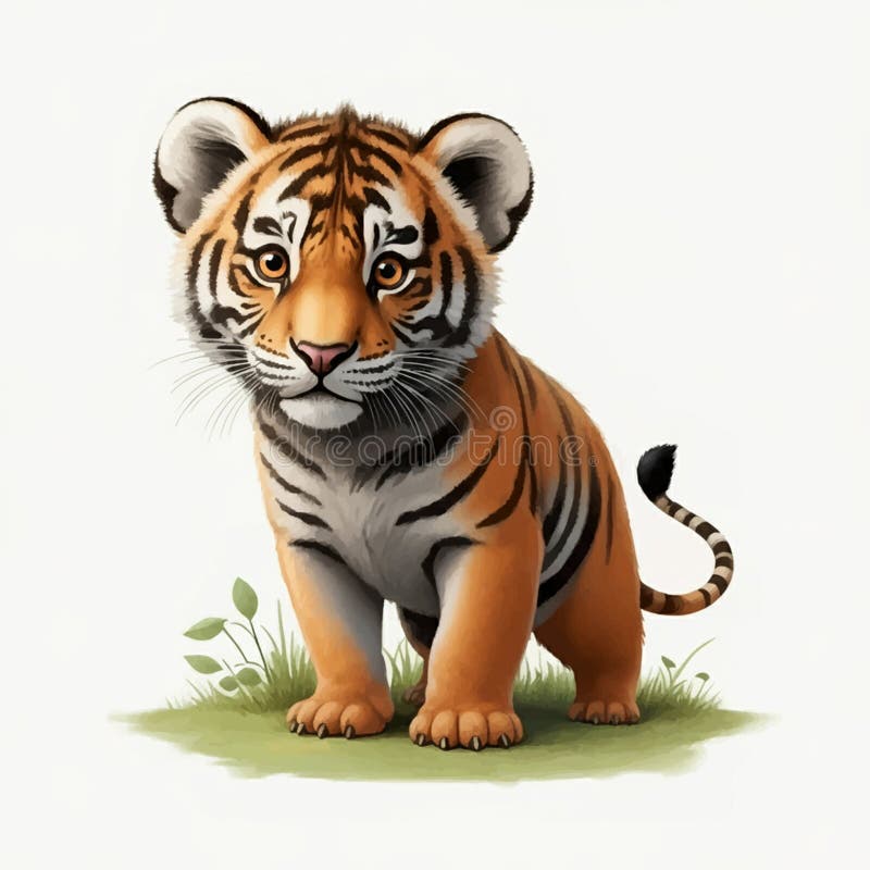 Illustration of a Cute Tiger Cub Standing on a Patch of Grass. Stock ...
