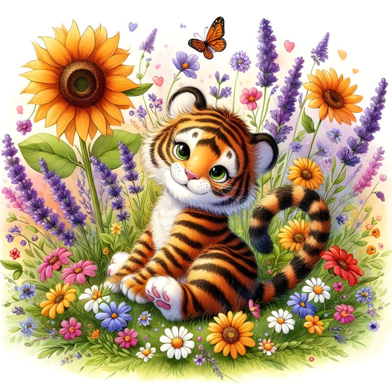 Illustration of a Cute Tiger with Flowers Stock Illustration ...