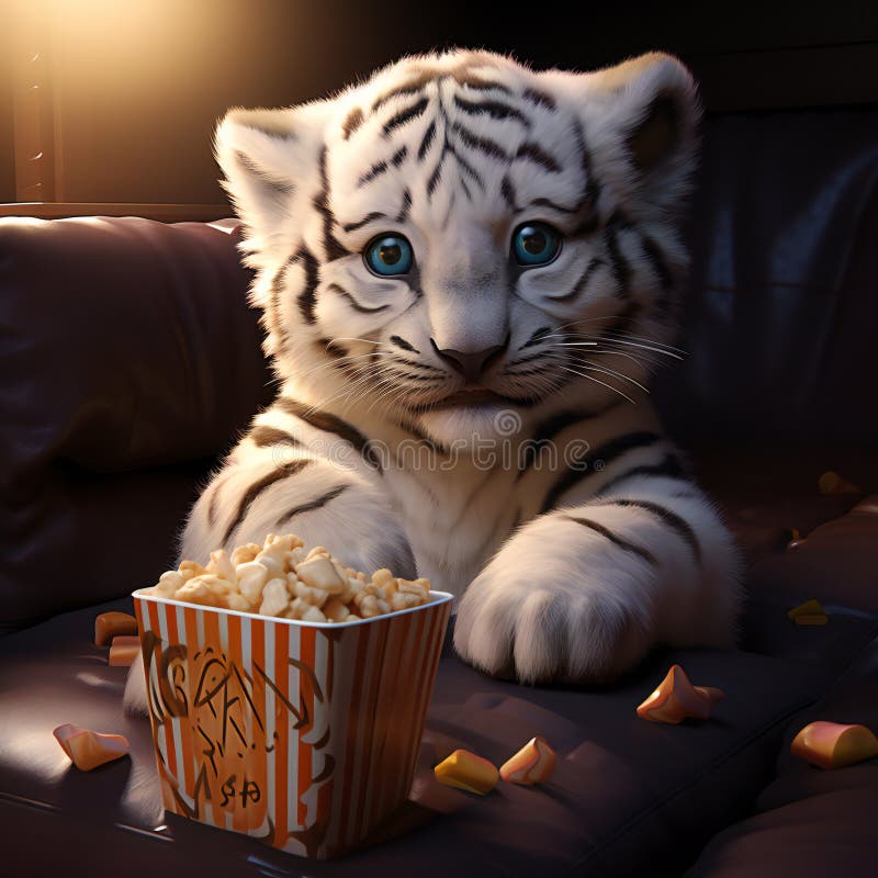 Cute Tiger with Popcorn on the Sofa Stock Illustration - Illustration ...