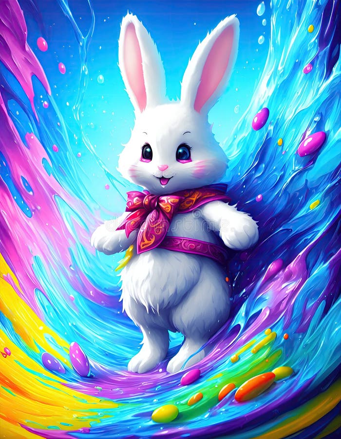 Cute Easter Bunny Against the Background of Colorful Splash with Flying ...