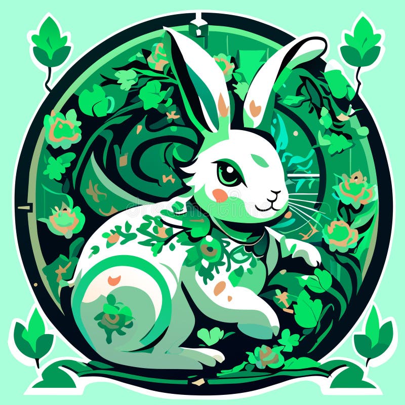 Illustration of a Cute White Rabbit in a Circle Surrounded by Leaves AI ...