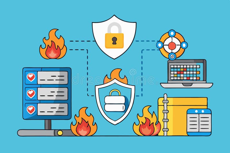 Illustration of Cybersecurity Network Showing Shields, Firewalls, Data ...