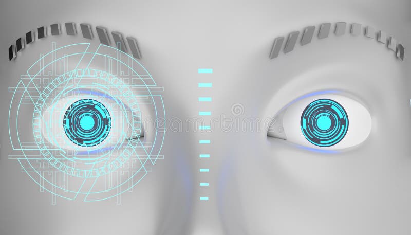 Illustration of the Cyborg Robot`s Eyes with a Digital Panel. 3D Render ...