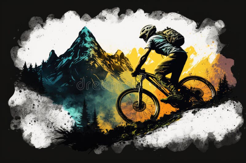 Illustration of Cyclist Riding a Bike Down a Mountain. Side View, Stock ...