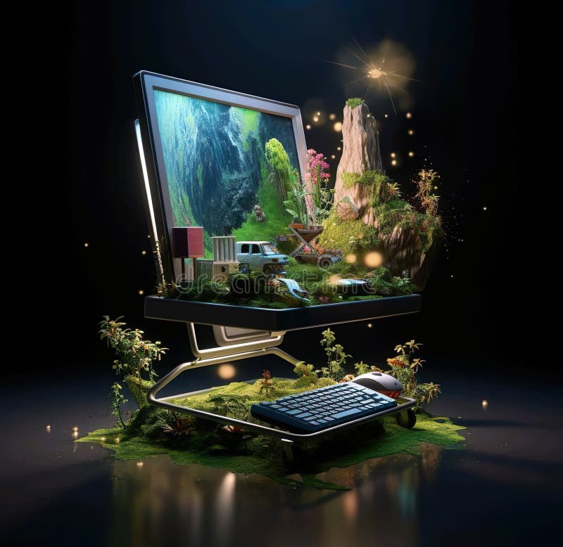 Illustration 3d of Computers with Forest View Hologram Stock ...