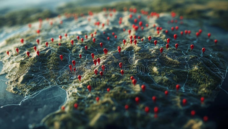 An Illustration of a 3D Map with Red Pins Indicating Locations and ...