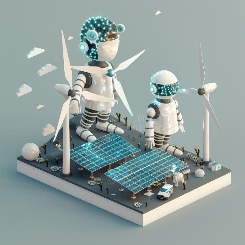 Illustration 3D Model Artificial Intelligence Powering Renewable Energy ...