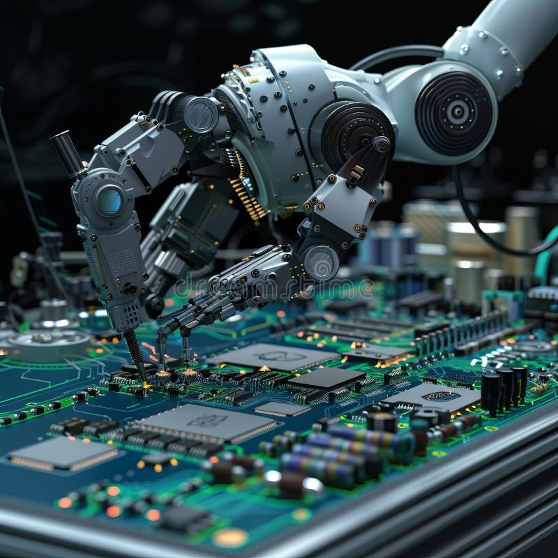 Illustration 3D Model Robot Arm Assembling Intricate Circuitry ...