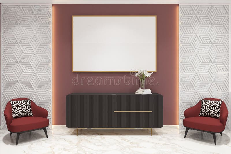 Guest Room Mock Up Design. Wall Panel Cnc, Black Credenza & Red ...