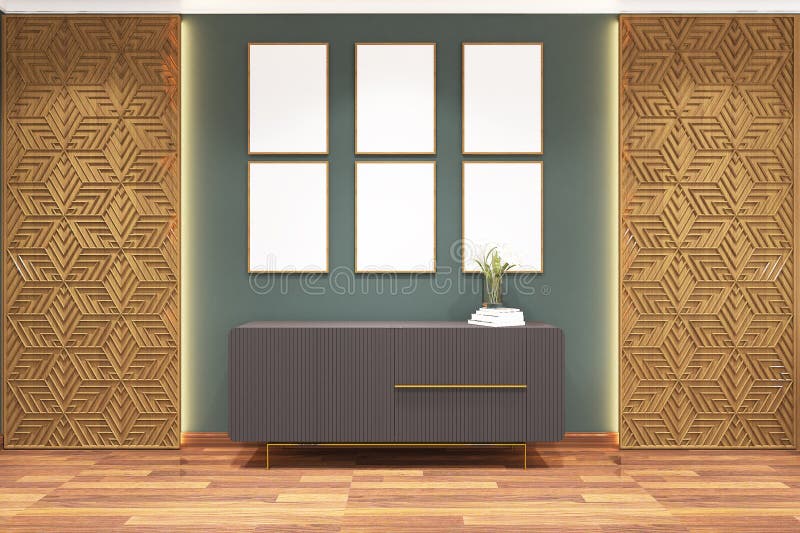 Guest Room Mock Up Design. Wall Panel Cnc, Gray Credenza & Frames Mock ...