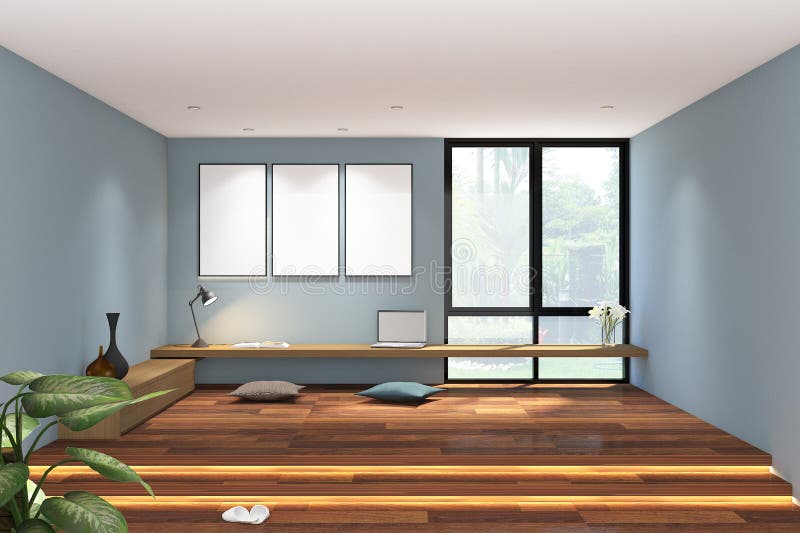 3d Render Illustration of Interior Study Room, Lower Table with Frame ...