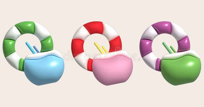 Illustration 3D. Set of Rubber Rings and Summer Coconuts for Design ...