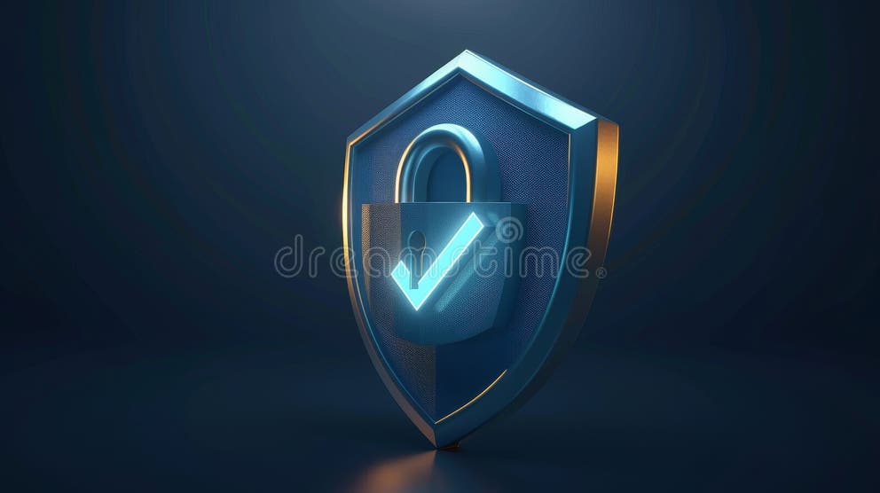 Illustration in 3D of a Shield with a Padlock and Tick Mark. Concept of ...