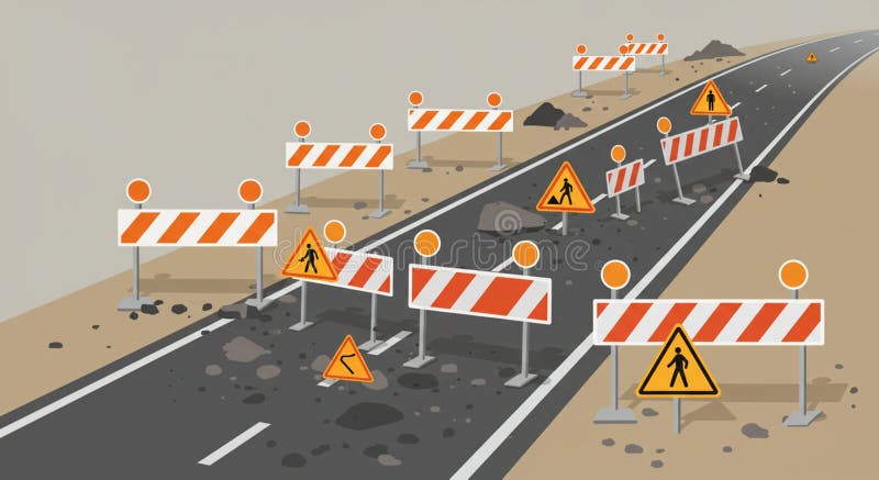 Illustration of a Damaged Road Under Construction, Featuring Multiple ...