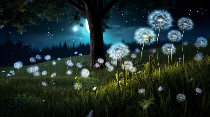 Illustration of Dandelions Blowing in the Wind at Night Stock Image ...
