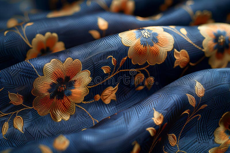 Illustration of Dark Blue Brocade Fabric with a Floral Pattern, in High ...