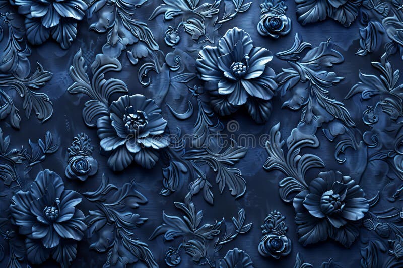Illustration of Dark Blue Brocade Pattern with Floral Design, High ...