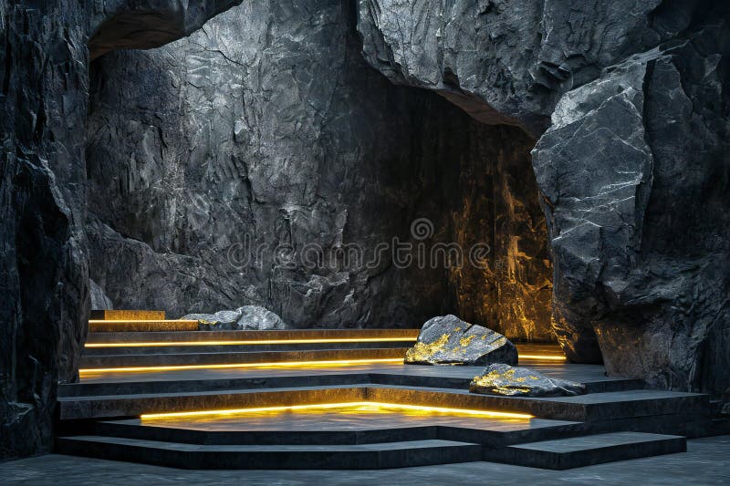 A Dark Cave with Stairs and Light in the Cave Stock Illustration ...