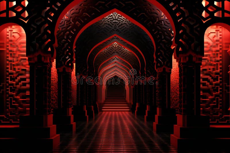 Illustration of a Dark Corridor in a Mosque with Red Light Stock ...