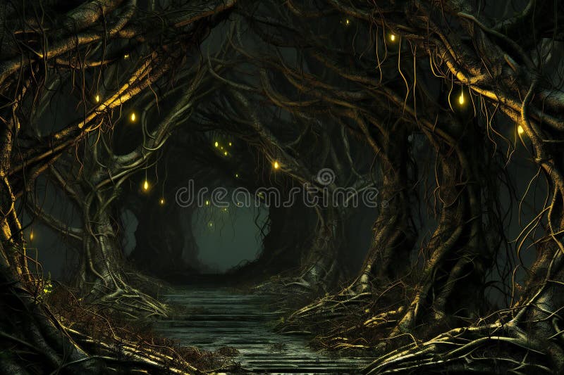 A Dark Fantasy Forest with Tree Roots and Lights Stock Illustration ...