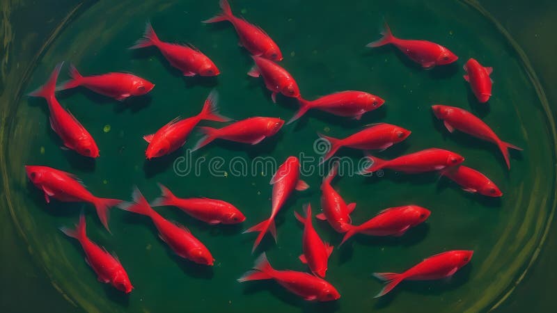 Illustration of a Dark Green Circular Pond with Red Koi Fish Stock ...